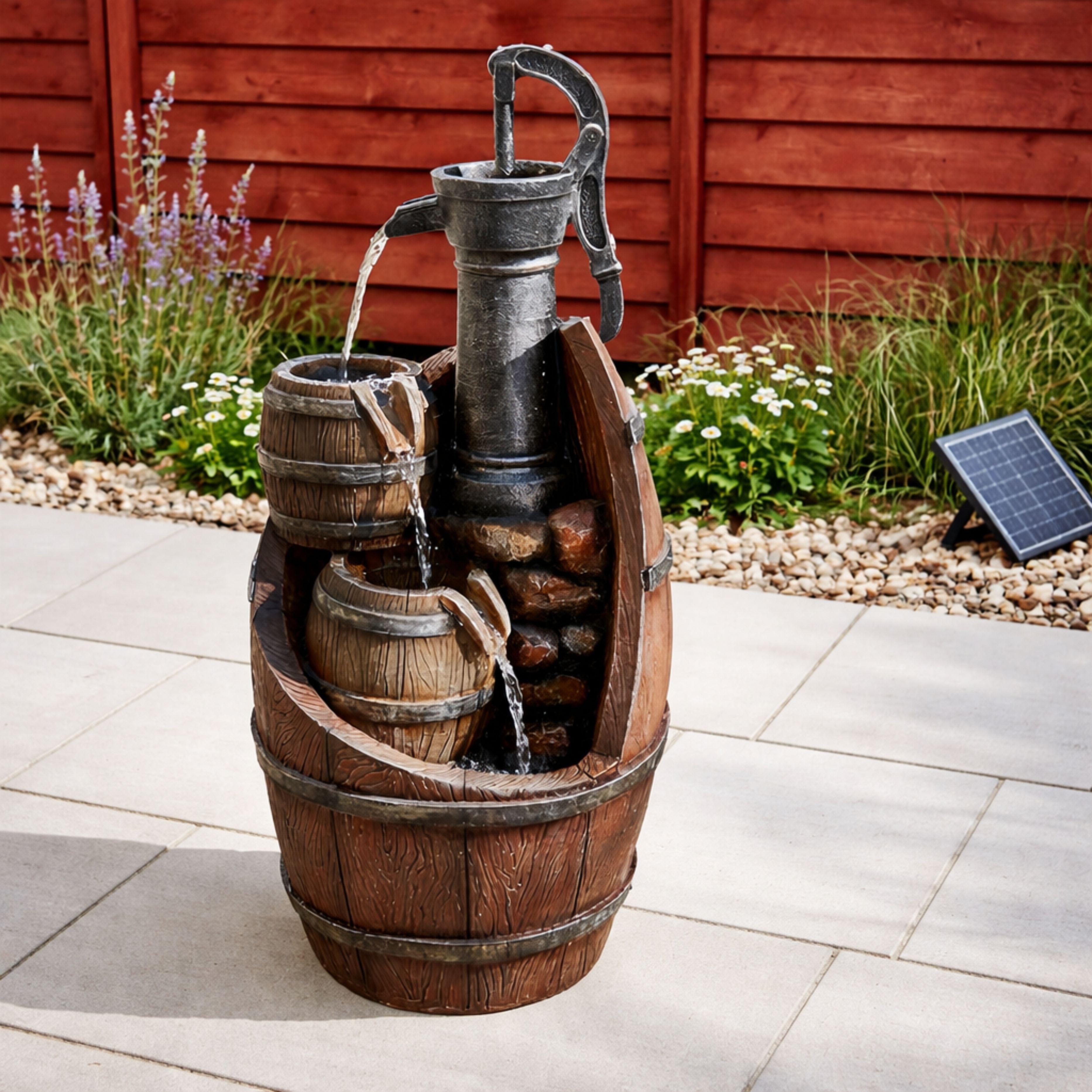 Whisky Barrels Cascade Solar Water Feature | Rustic Garden Fountain ...